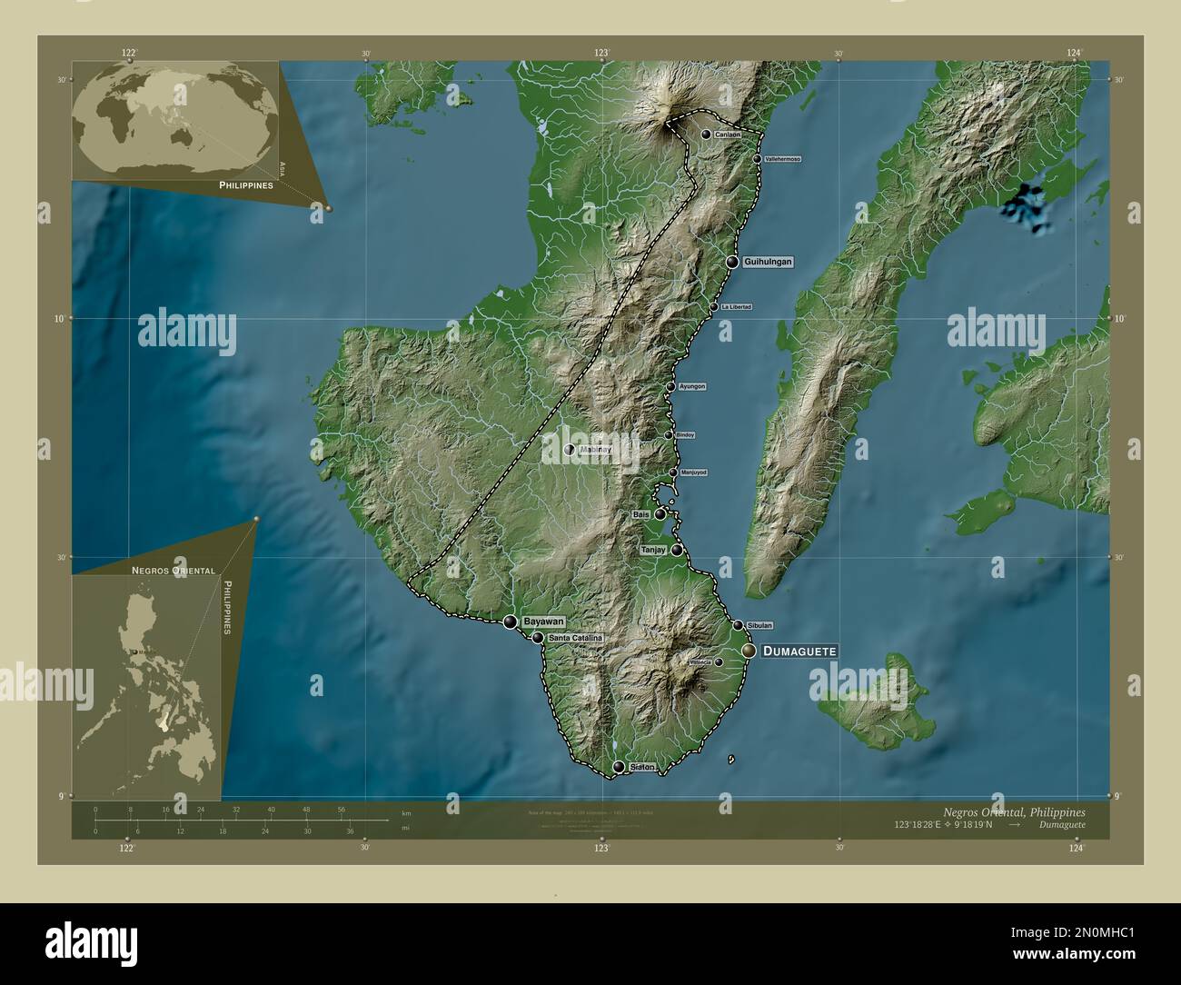 Negros Oriental, province of Philippines. Elevation map colored in wiki style with lakes and ...