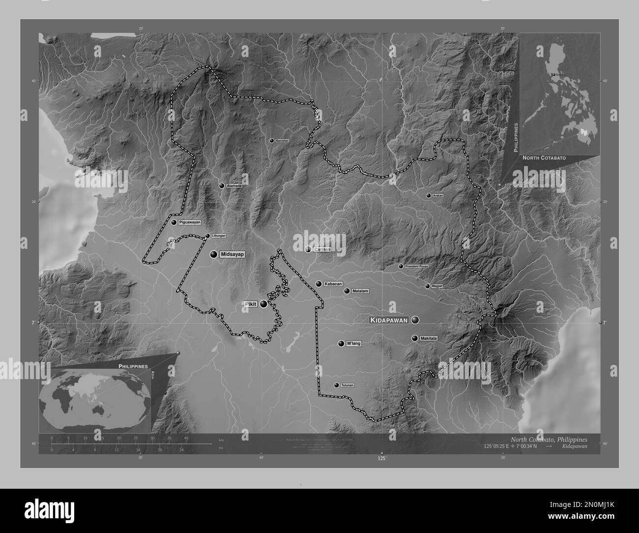 North Cotabato, province of Philippines. Grayscale elevation map with ...