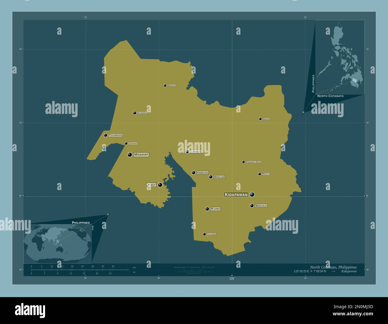 North Cotabato, province of Philippines. Solid color shape. Locations ...
