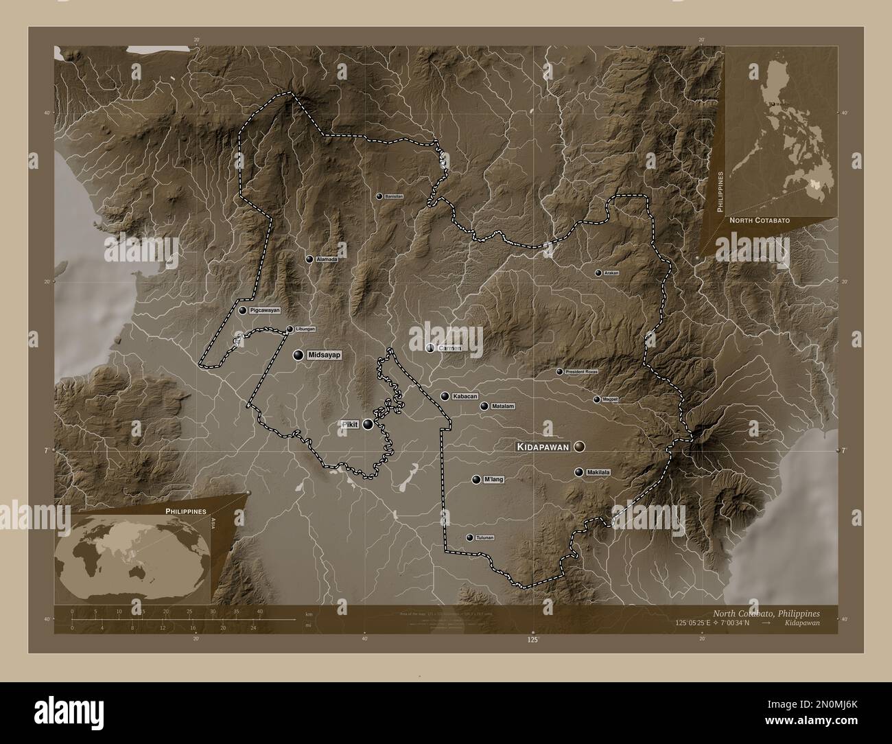 North Cotabato, province of Philippines. Elevation map colored in sepia ...
