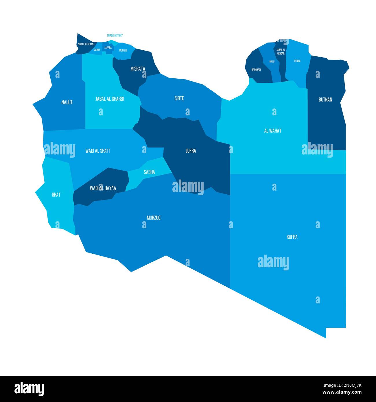 Libya political map of administrative divisions - districts. Flat blue ...