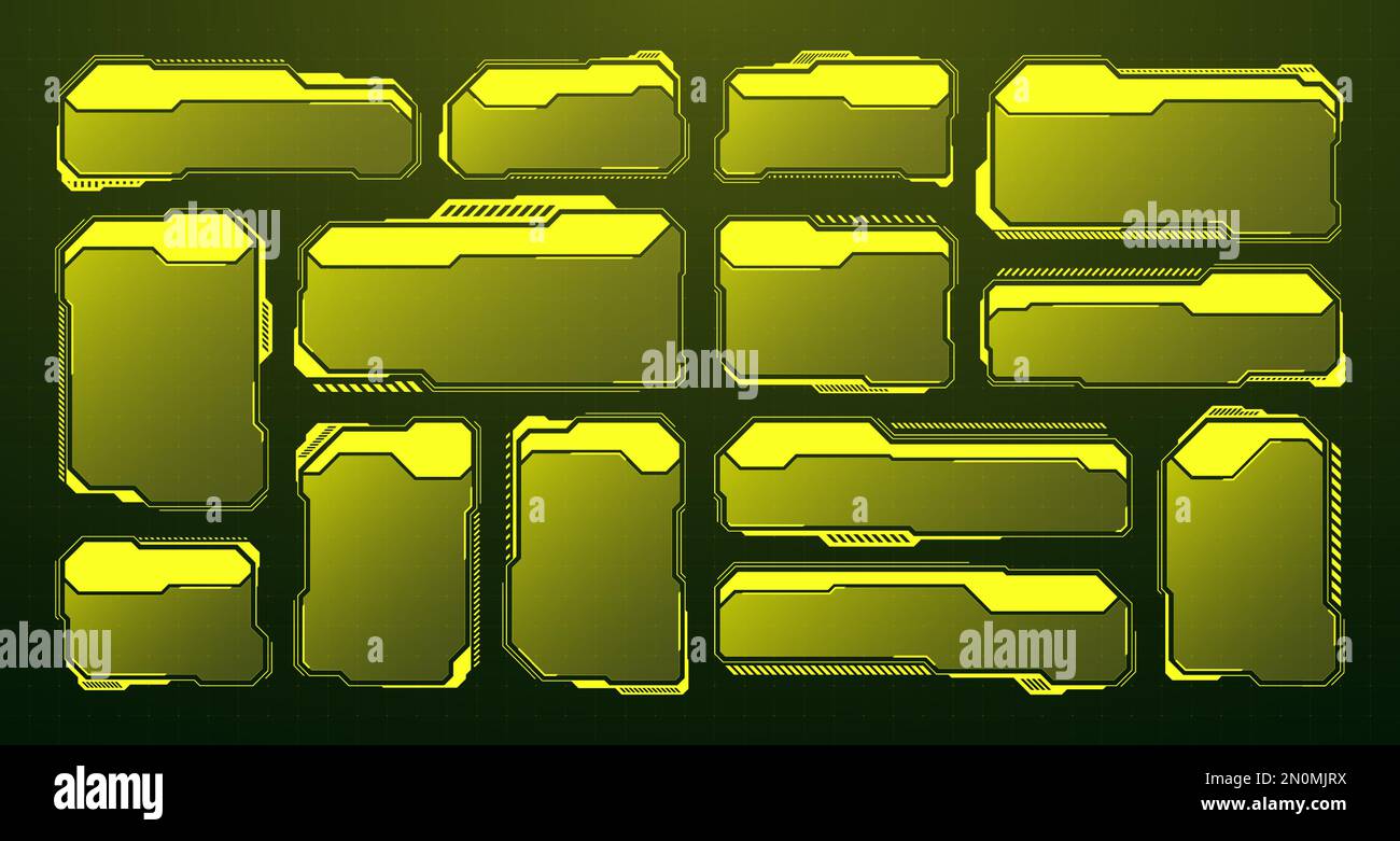 Yellow futuristic HUD, UI elements. Sci-fi user interface text boxes, callouts. Warning message ...