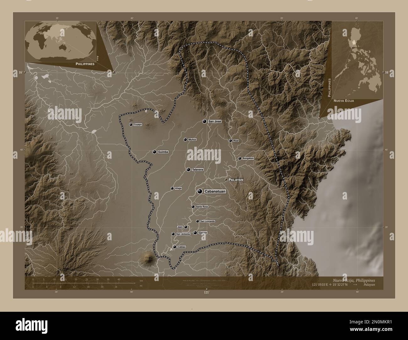 Nueva Ecija, province of Philippines. Elevation map colored in sepia ...
