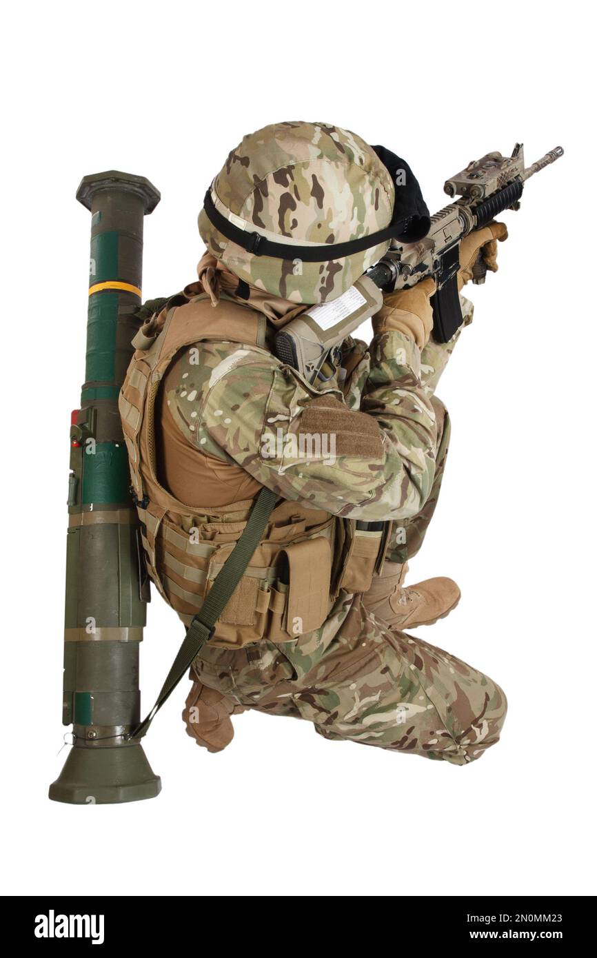 Infantryman with rocket grenade launcher fire assault rifle. Isolated ...