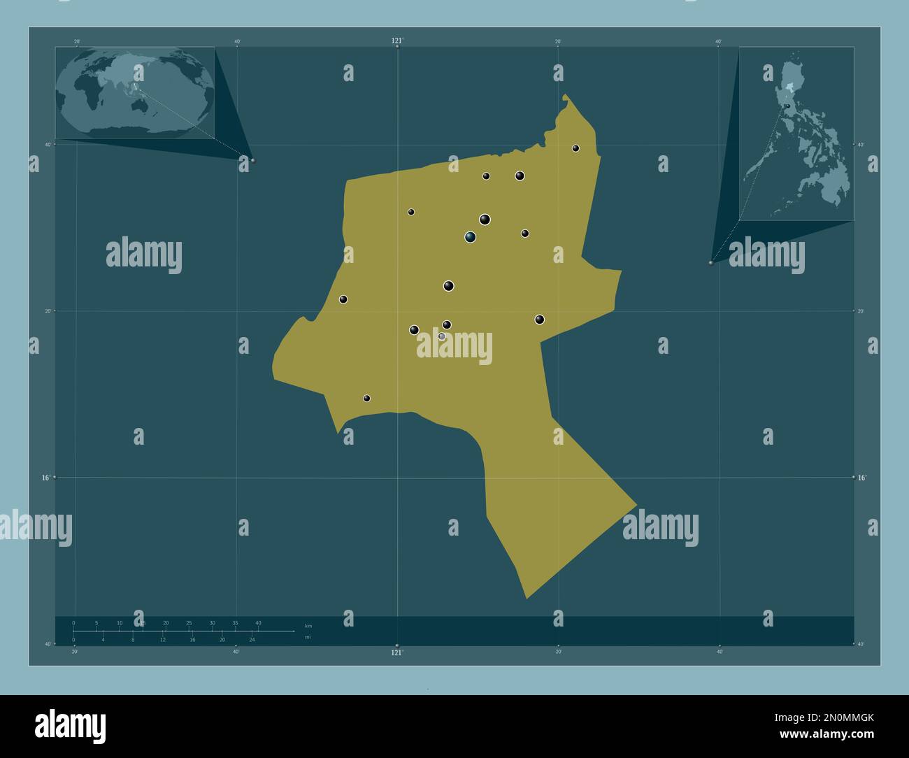 Nueva Vizcaya, province of Philippines. Solid color shape. Locations of ...