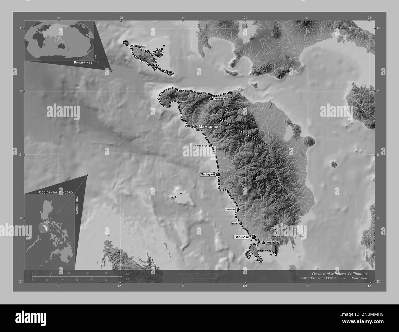 Occidental Mindoro, province of Philippines. Grayscale elevation map ...