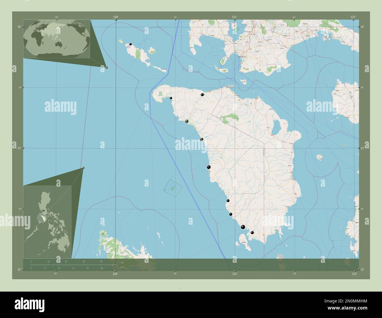 Occidental Mindoro, province of Philippines. Open Street Map. Locations of major cities of the ...