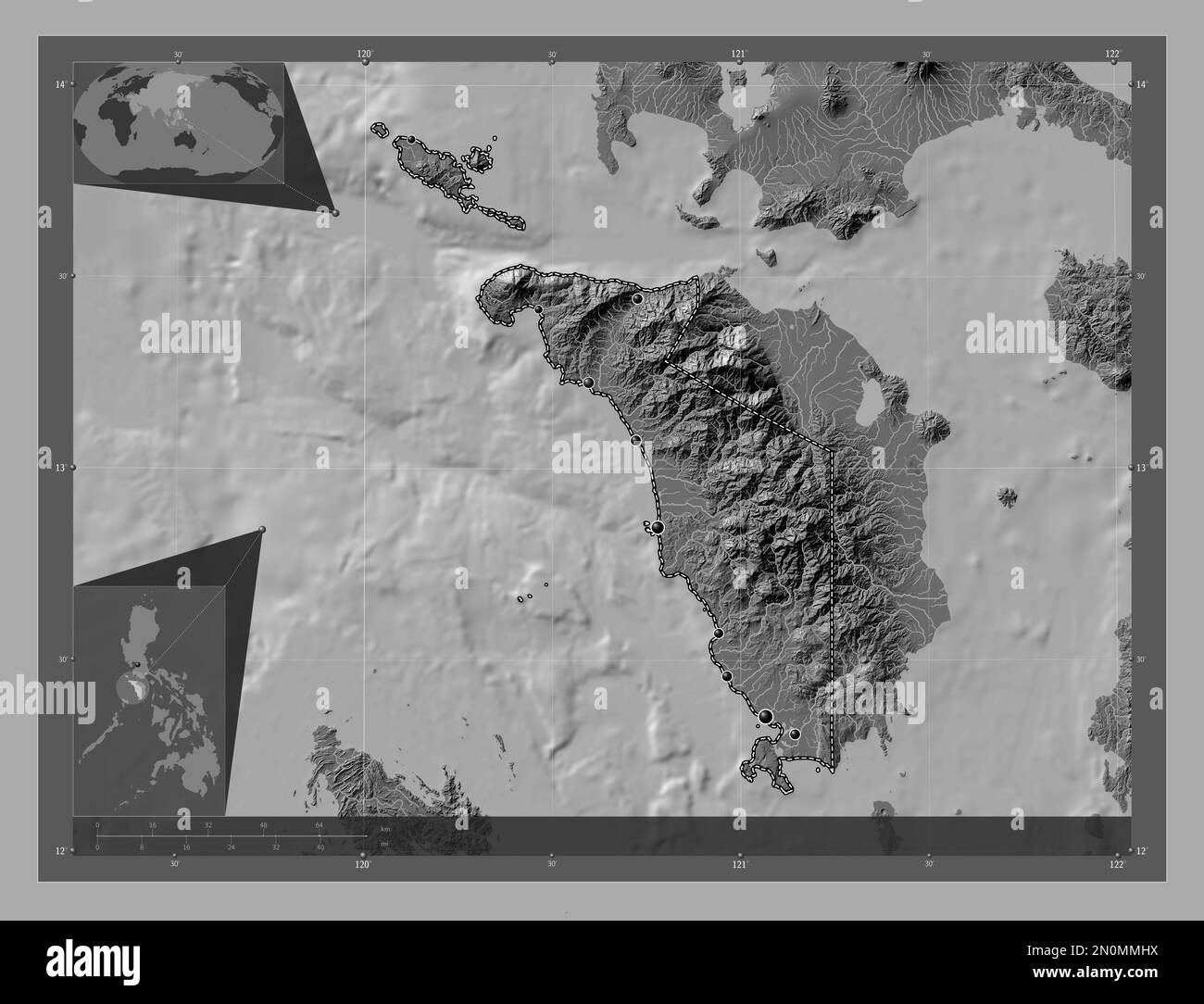 Occidental Mindoro, province of Philippines. Bilevel elevation map with ...