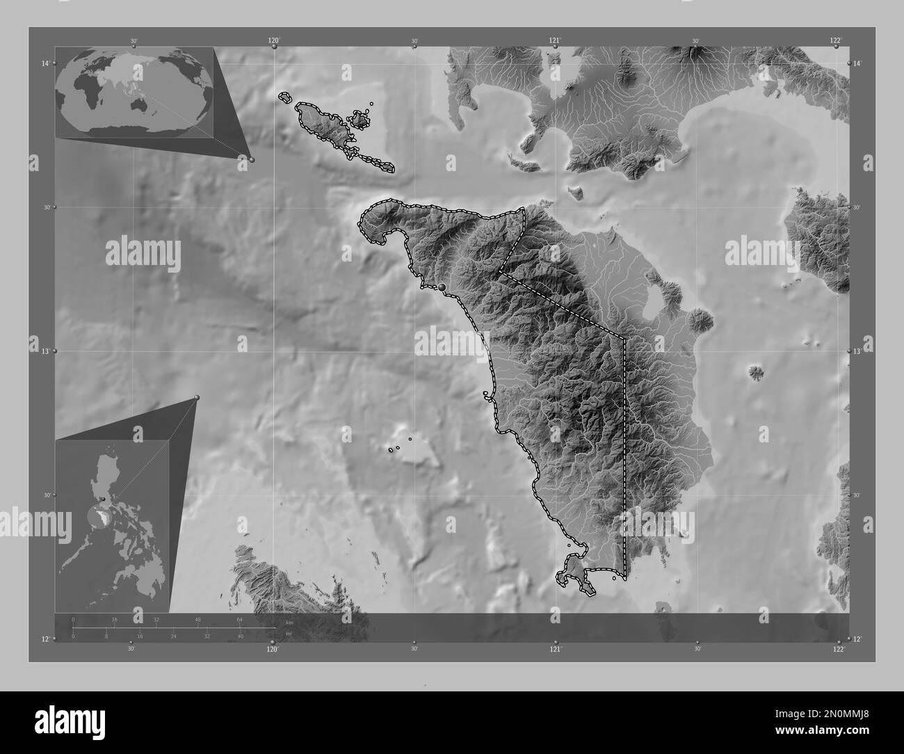 Occidental Mindoro, province of Philippines. Grayscale elevation map ...