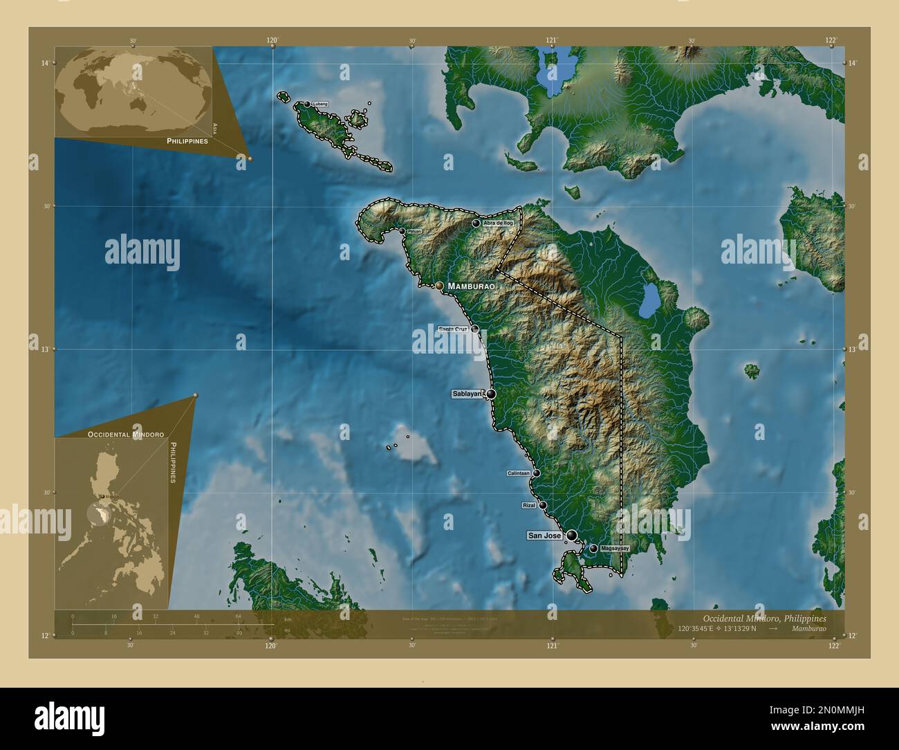 Occidental Mindoro, province of Philippines. Colored elevation map with ...