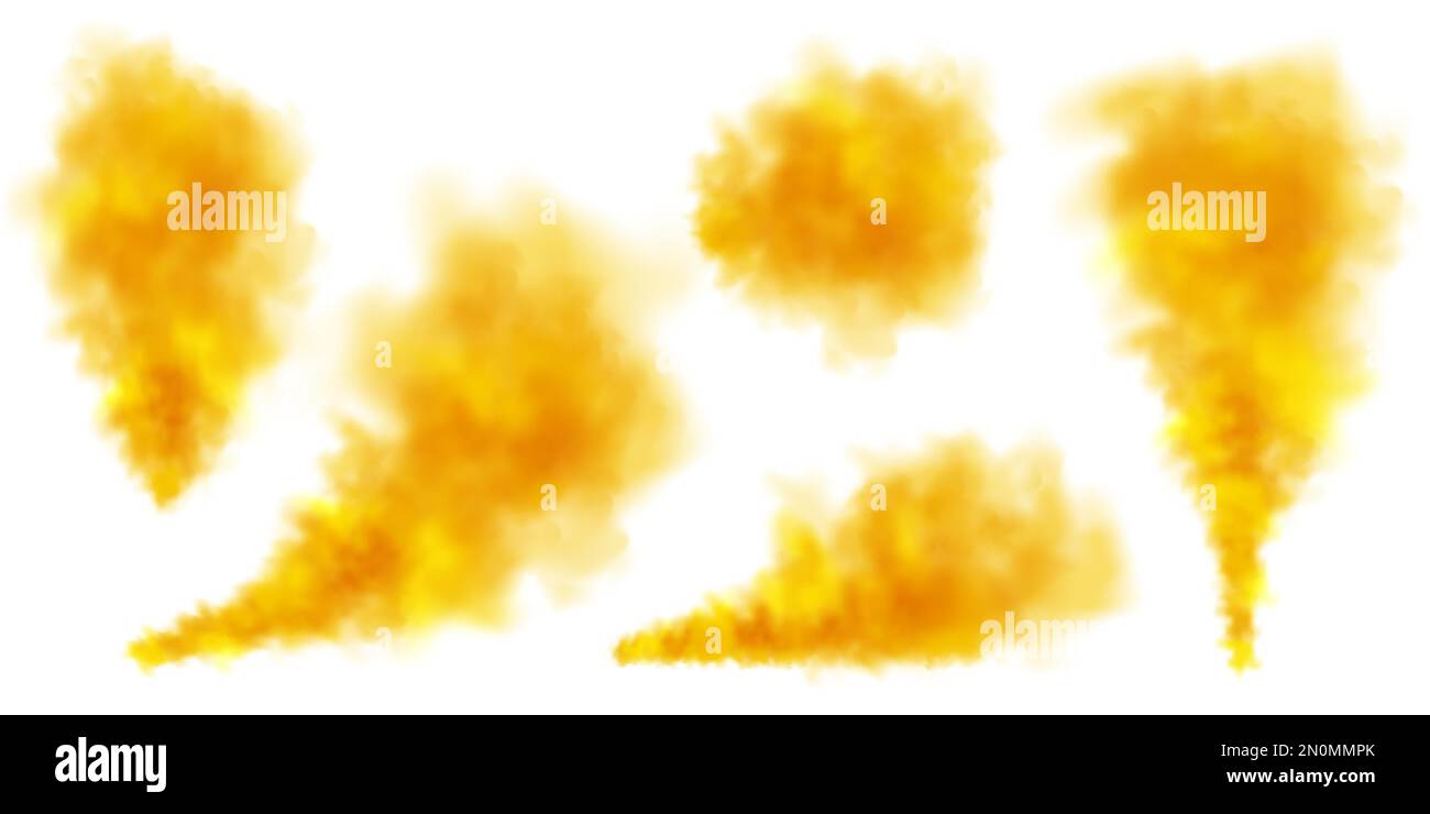 Yellow colorful smoke clouds isolated on white background, realistic ...