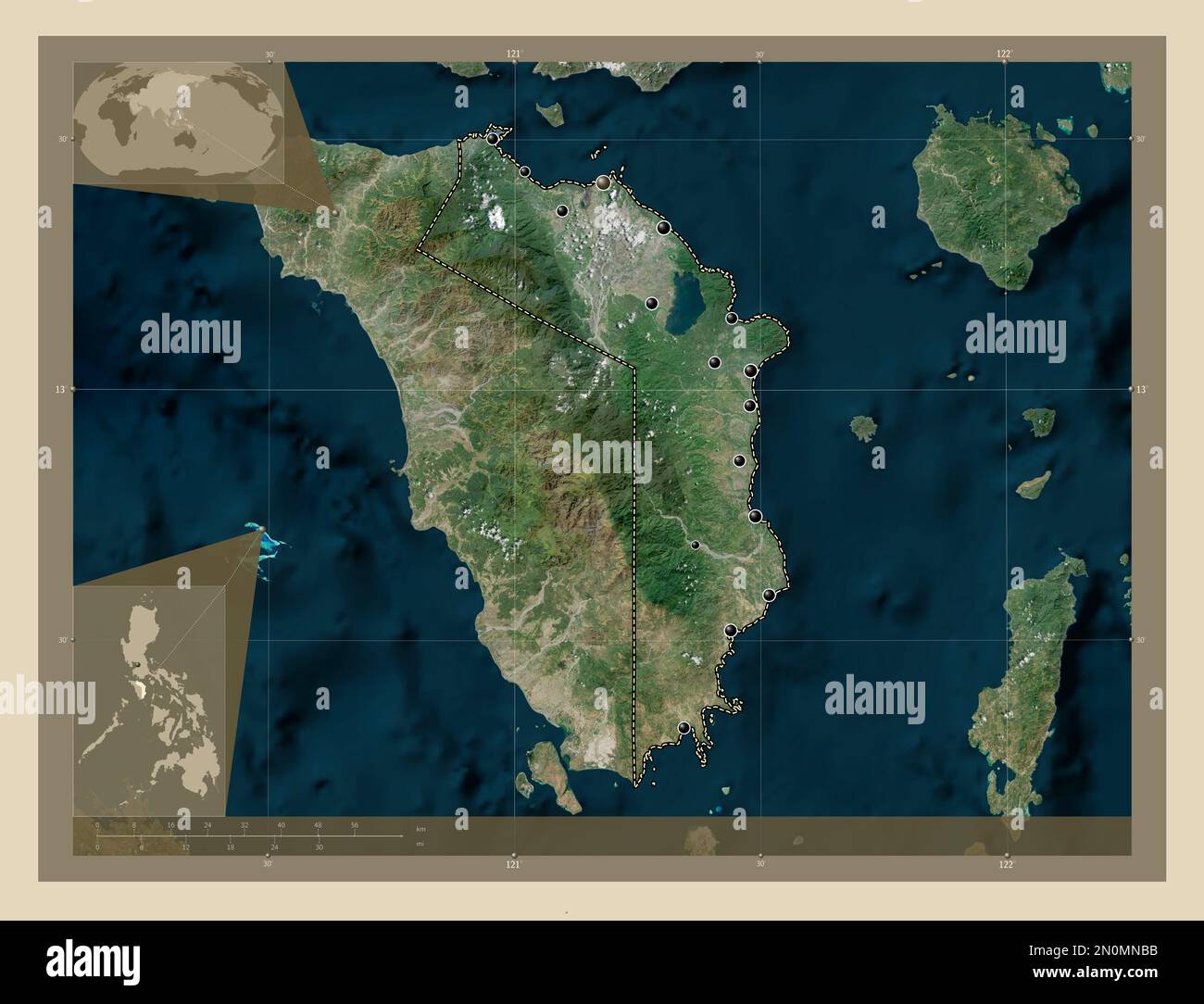 Oriental Mindoro, province of Philippines. High resolution satellite map. Locations of major ...