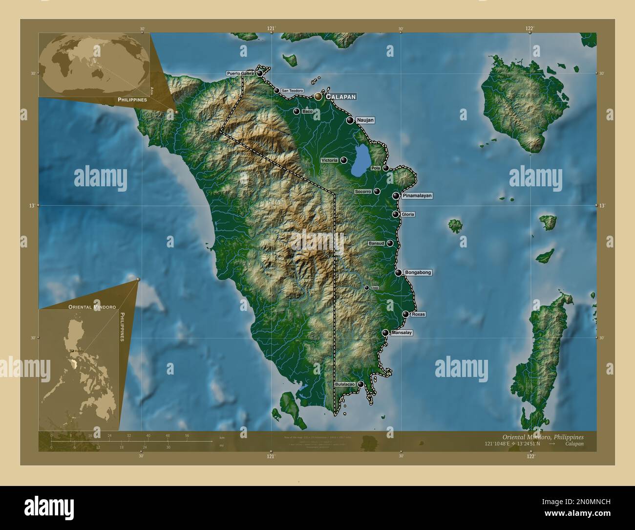 Oriental Mindoro, province of Philippines. Colored elevation map with ...