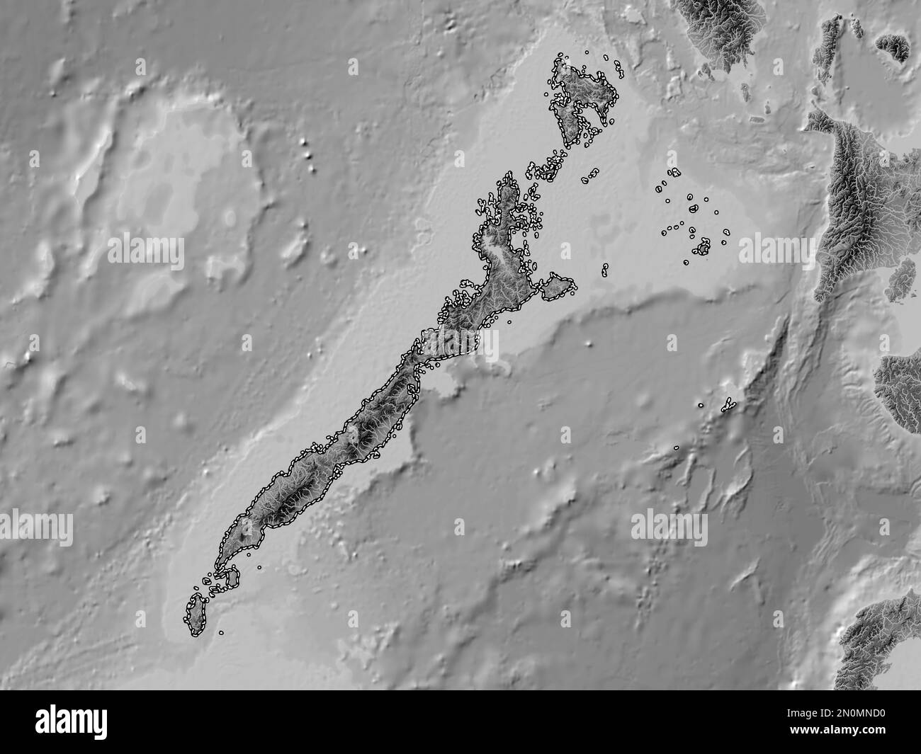 Palawan, province of Philippines. Grayscale elevation map with lakes ...