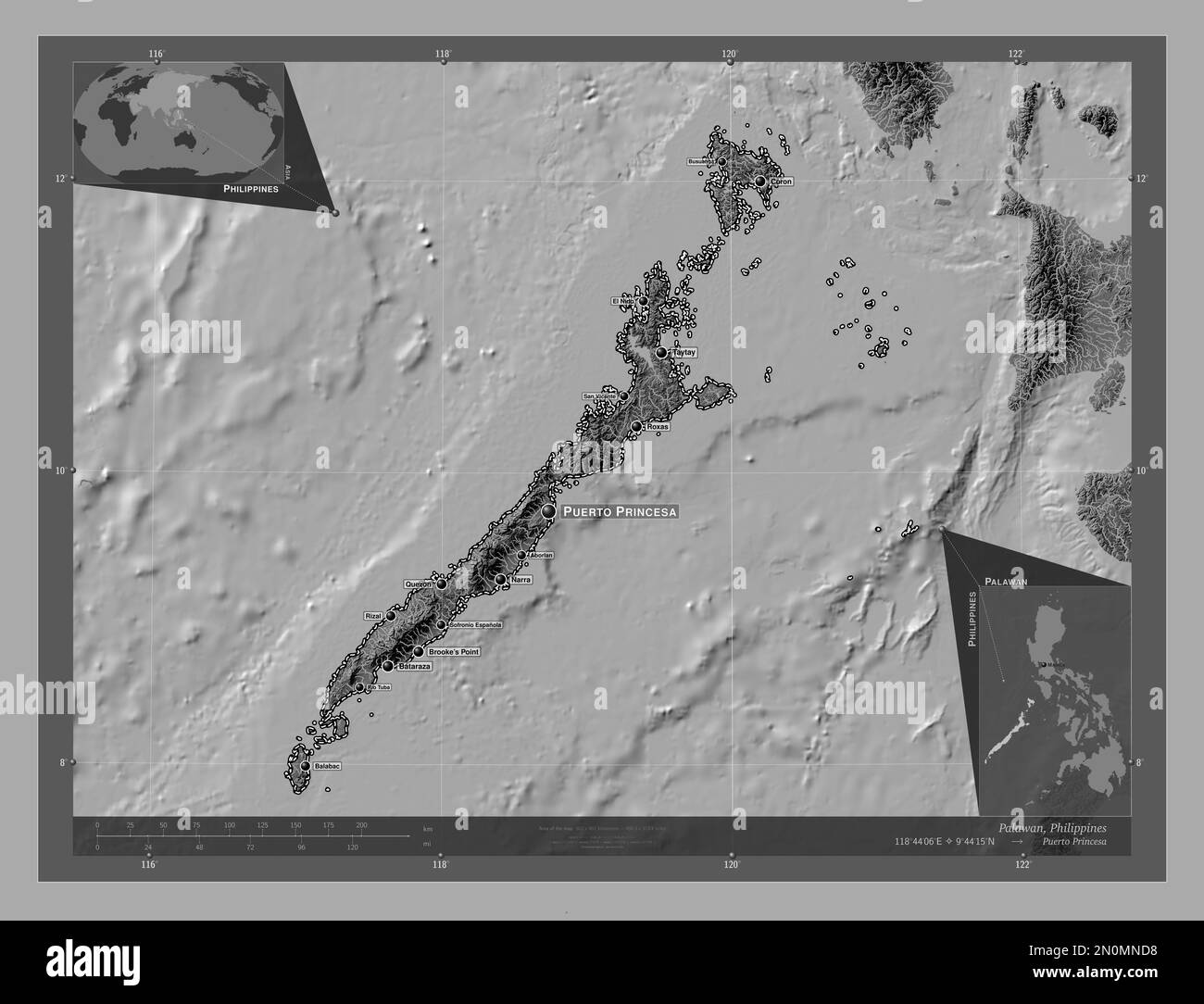 Palawan, province of Philippines. Bilevel elevation map with lakes and ...