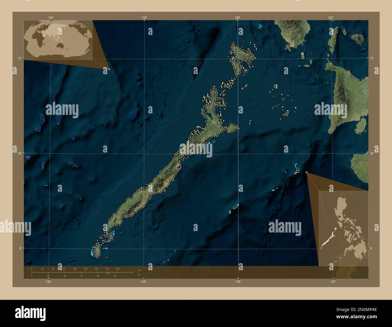 Palawan, province of Philippines. Low resolution satellite map. Corner ...