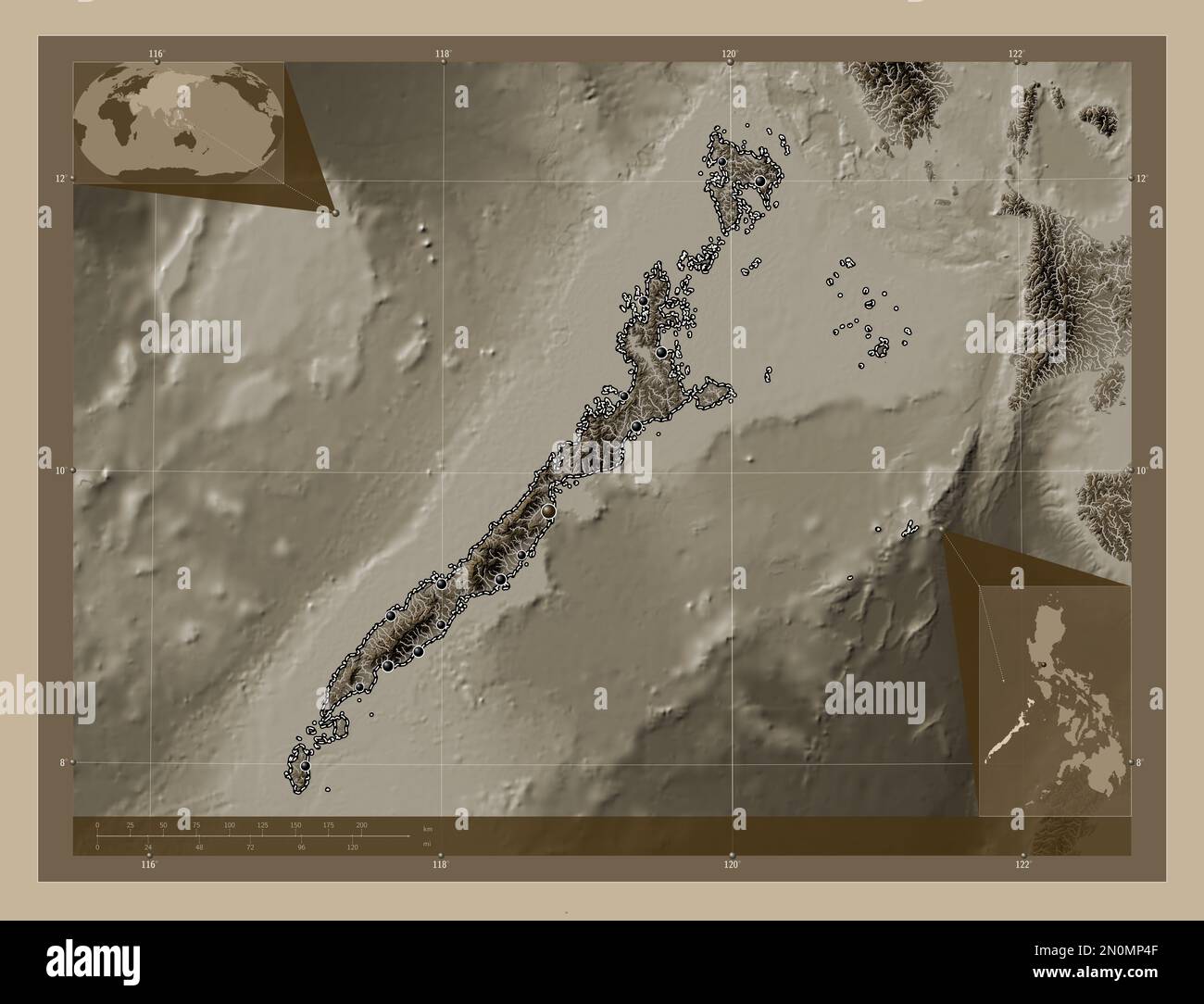Palawan, province of Philippines. Elevation map colored in sepia tones ...