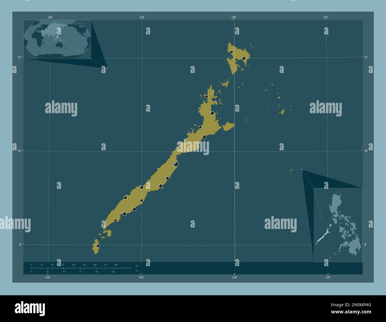 Palawan, province of Philippines. Solid color shape. Locations of major ...