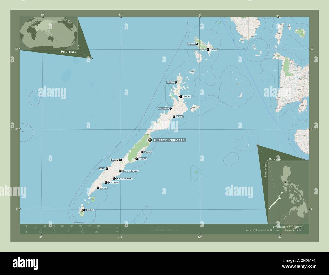 Palawan, province of Philippines. Open Street Map. Locations and names ...