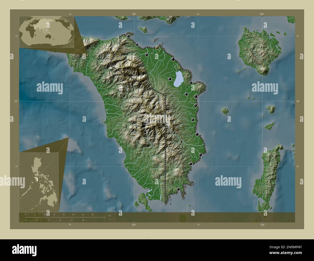 Oriental Mindoro, province of Philippines. Elevation map colored in wiki style with lakes and ...