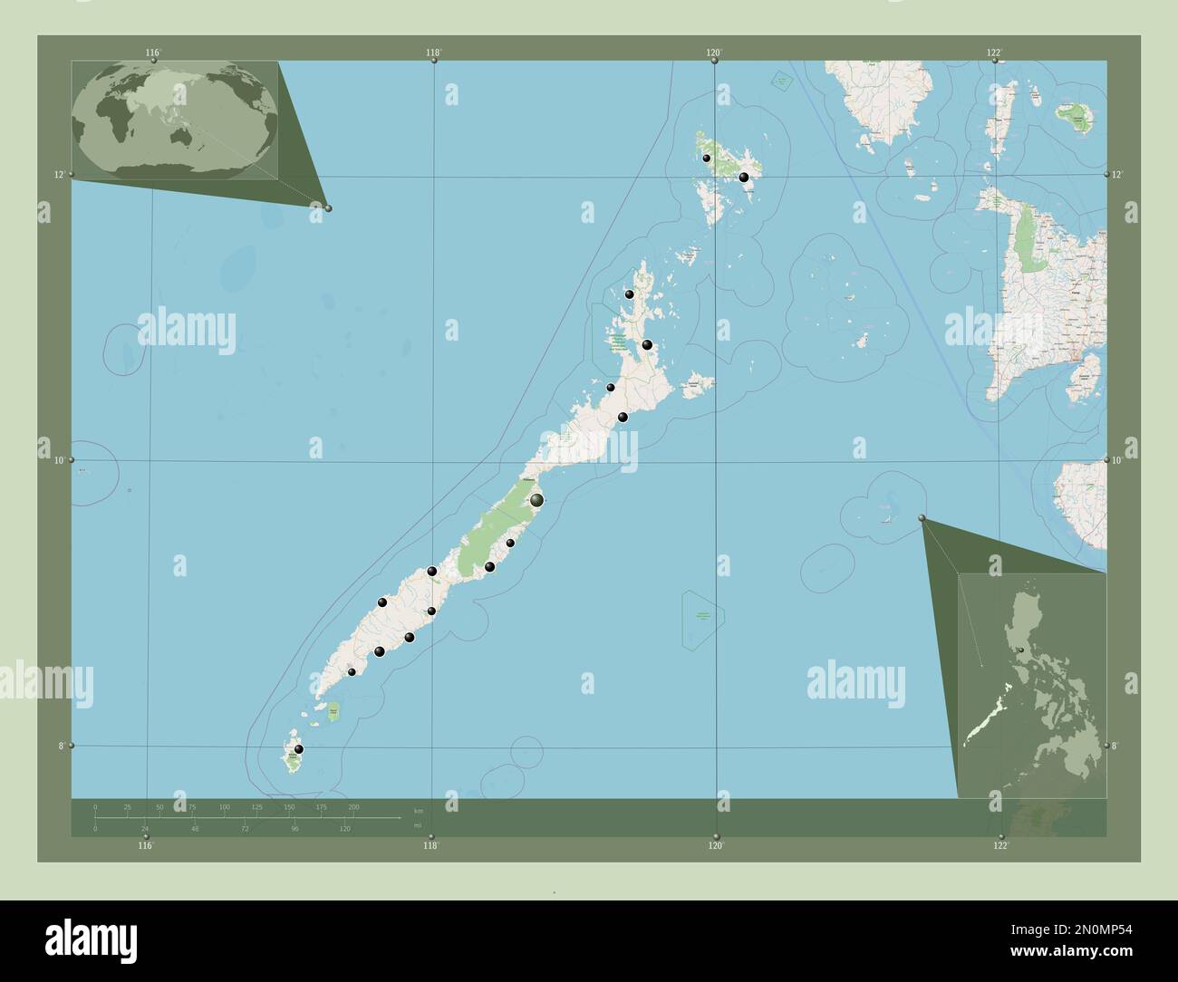 Palawan, province of Philippines. Open Street Map. Locations of major cities of the region ...