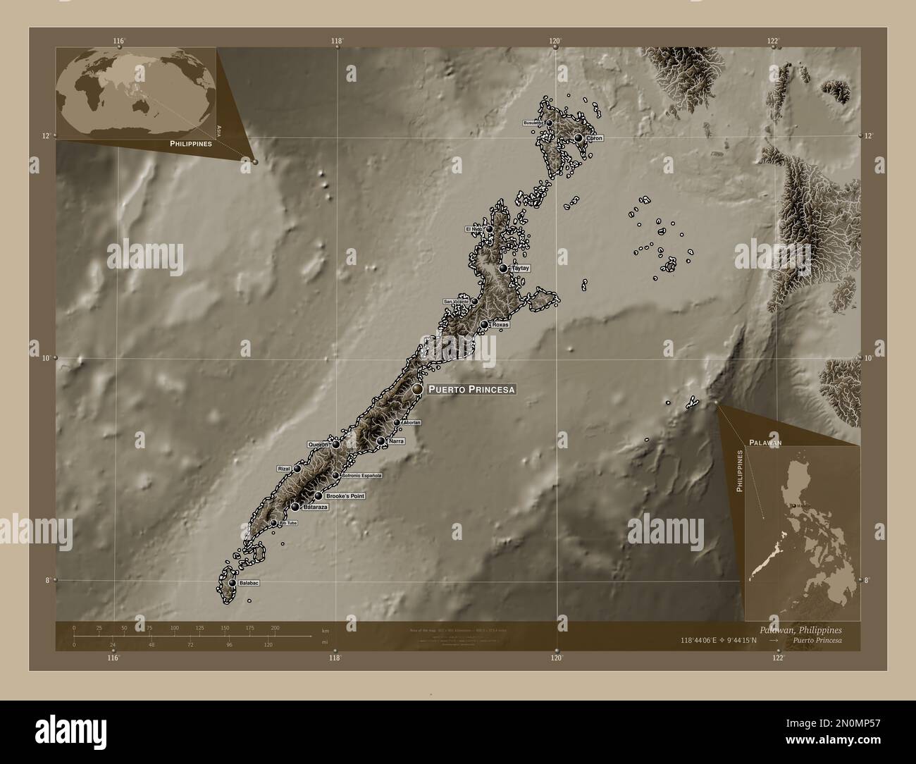 Palawan, province of Philippines. Elevation map colored in sepia tones ...