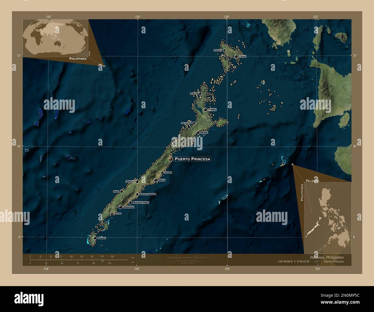Palawan, province of Philippines. Low resolution satellite map. Locations and names of major ...