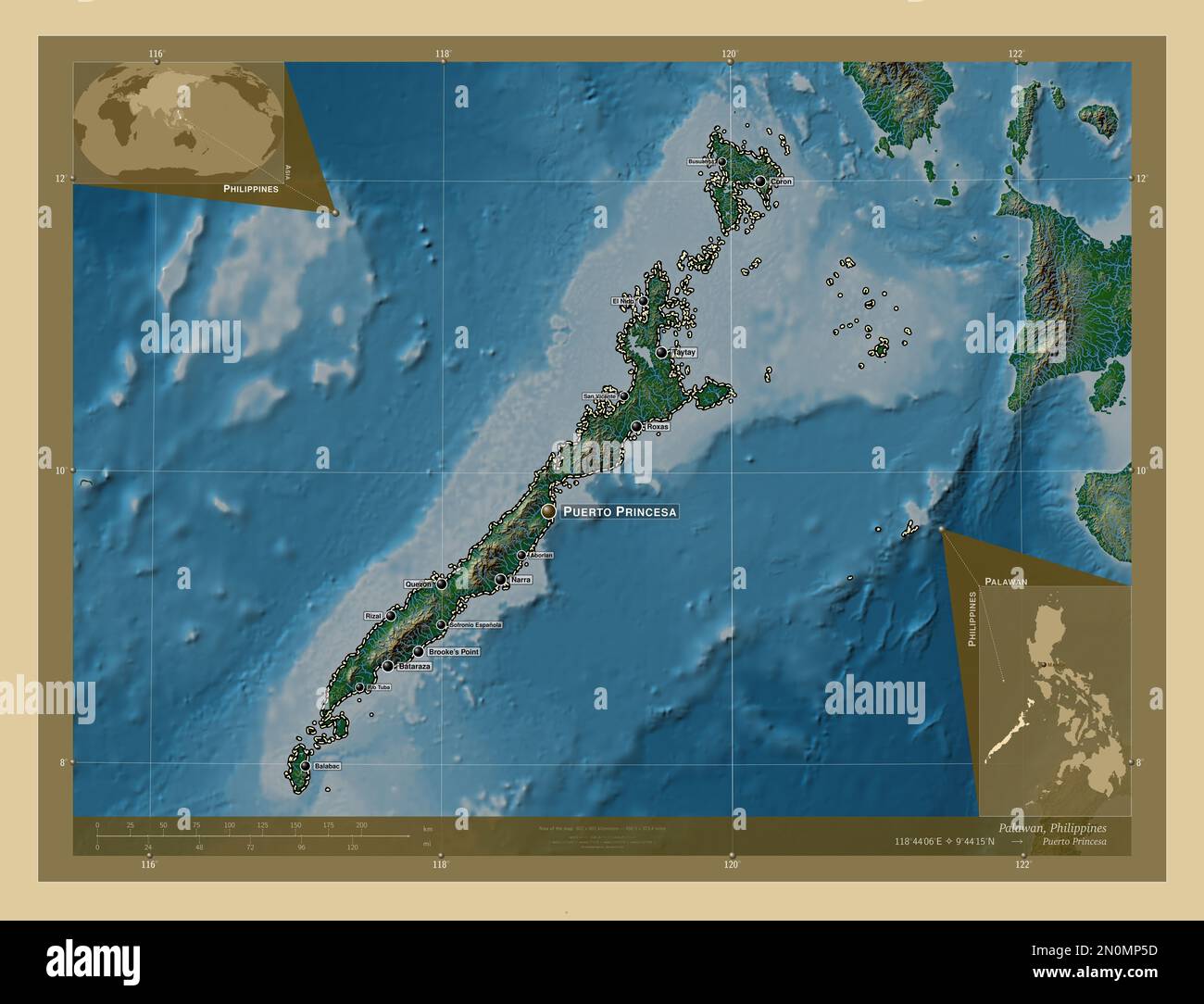 Palawan, province of Philippines. Colored elevation map with lakes and ...