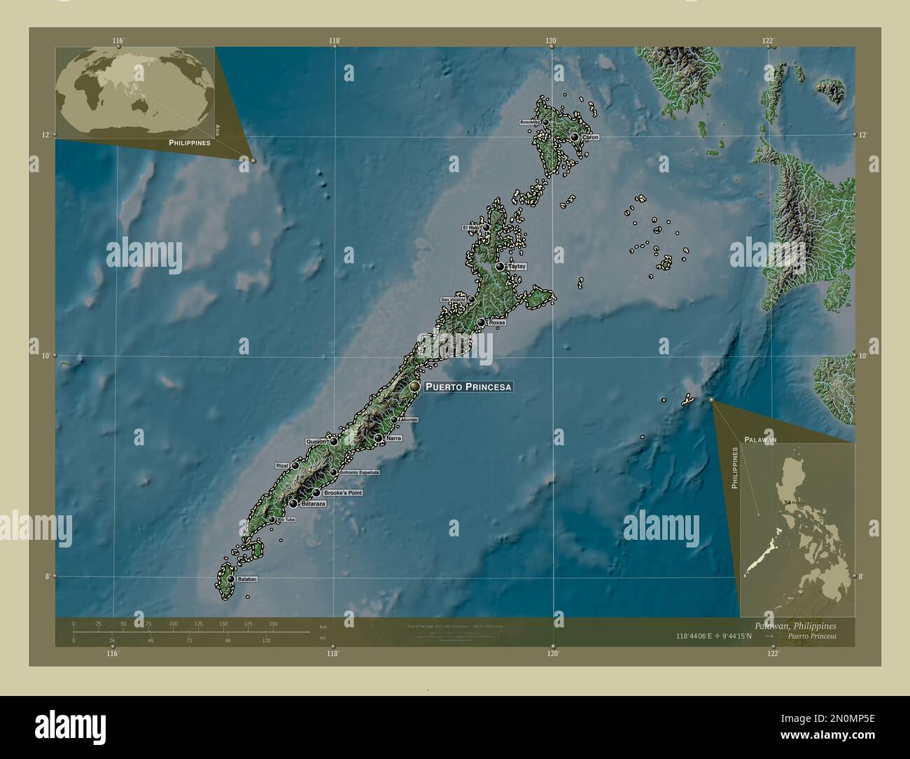 Palawan, province of Philippines. Elevation map colored in wiki style ...