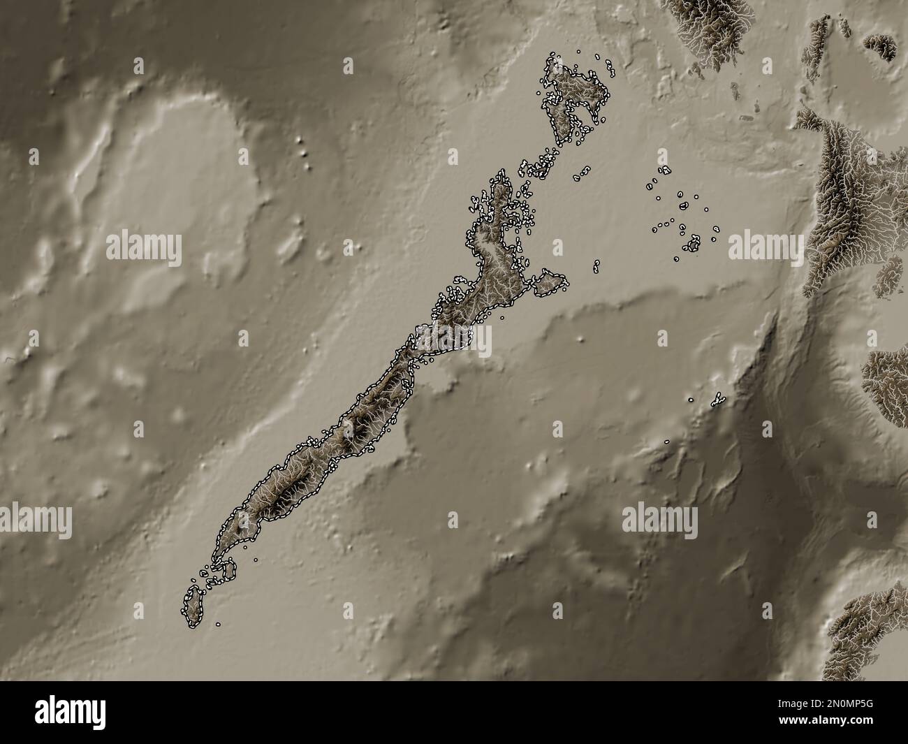 Palawan, province of Philippines. Elevation map colored in sepia tones ...