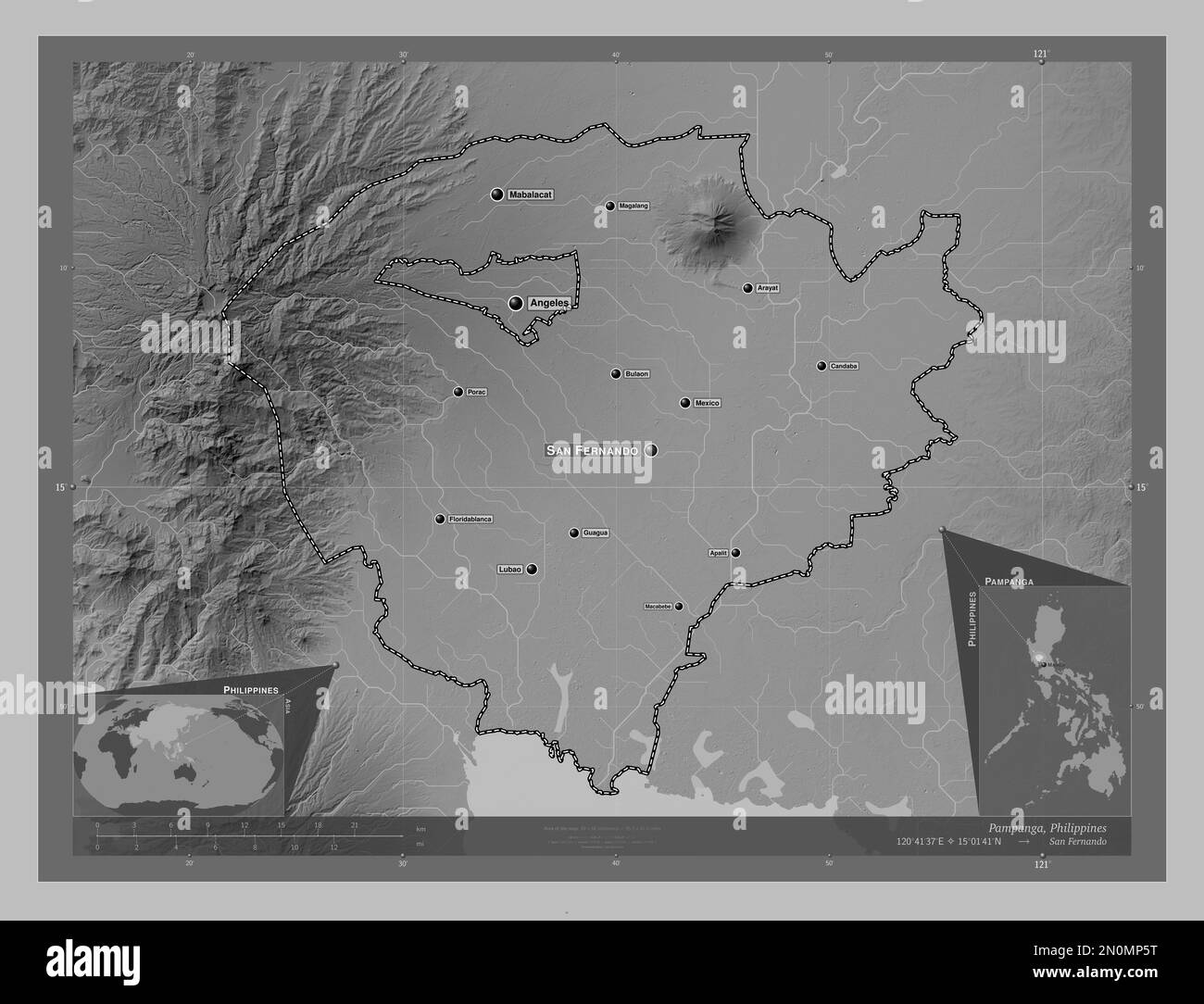 Pampanga, province of Philippines. Grayscale elevation map with lakes ...