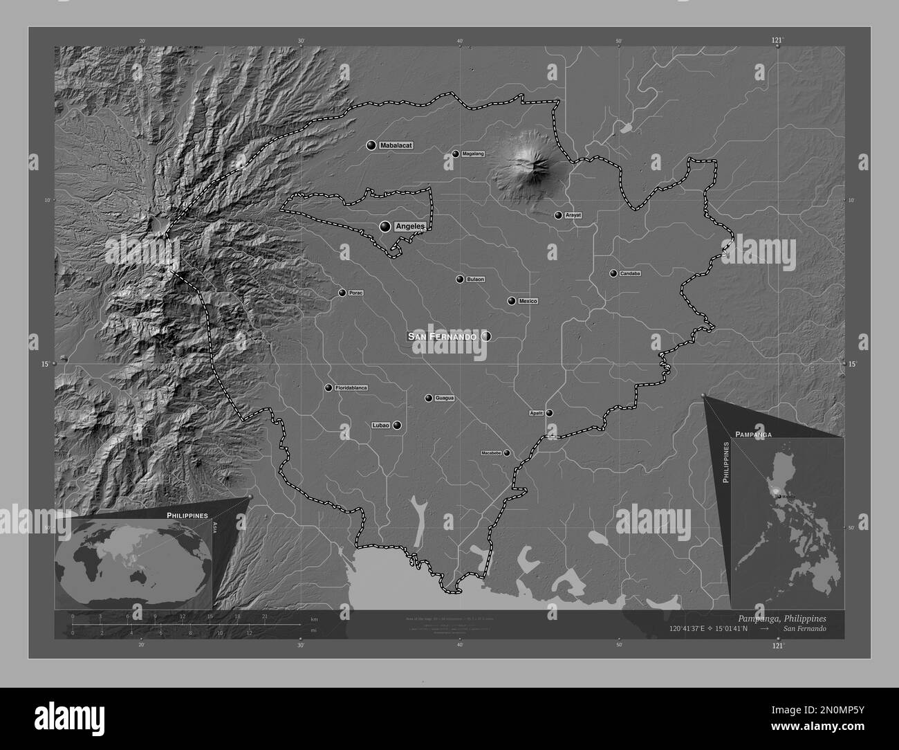 Pampanga, province of Philippines. Bilevel elevation map with lakes and ...