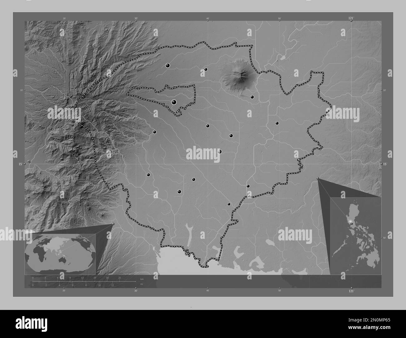 Pampanga, province of Philippines. Grayscale elevation map with lakes ...