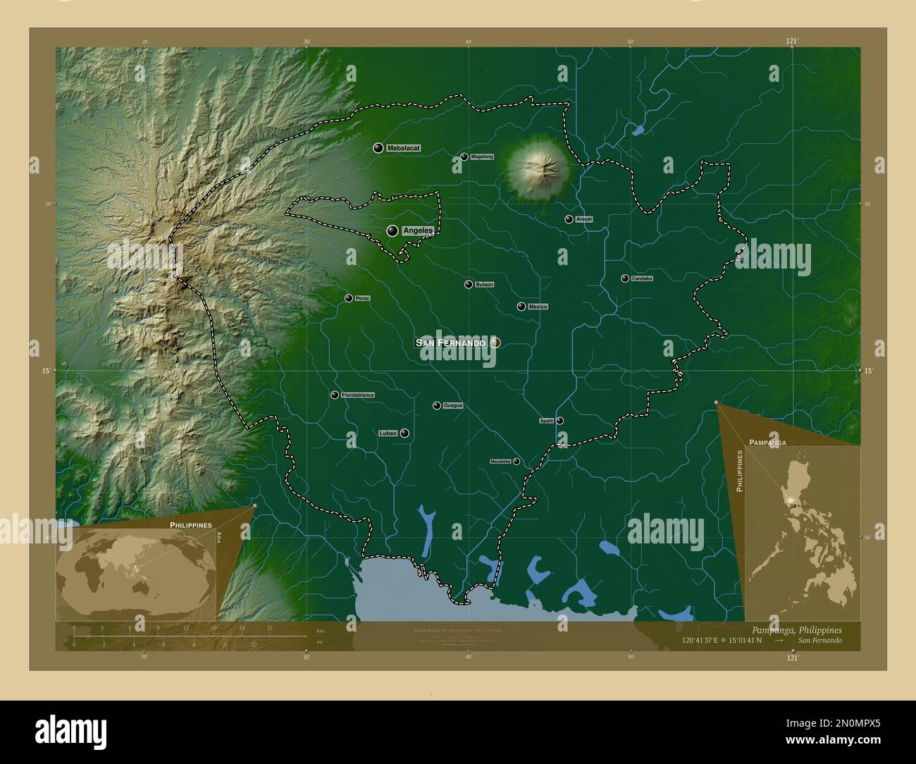 Pampanga, province of Philippines. Colored elevation map with lakes and ...