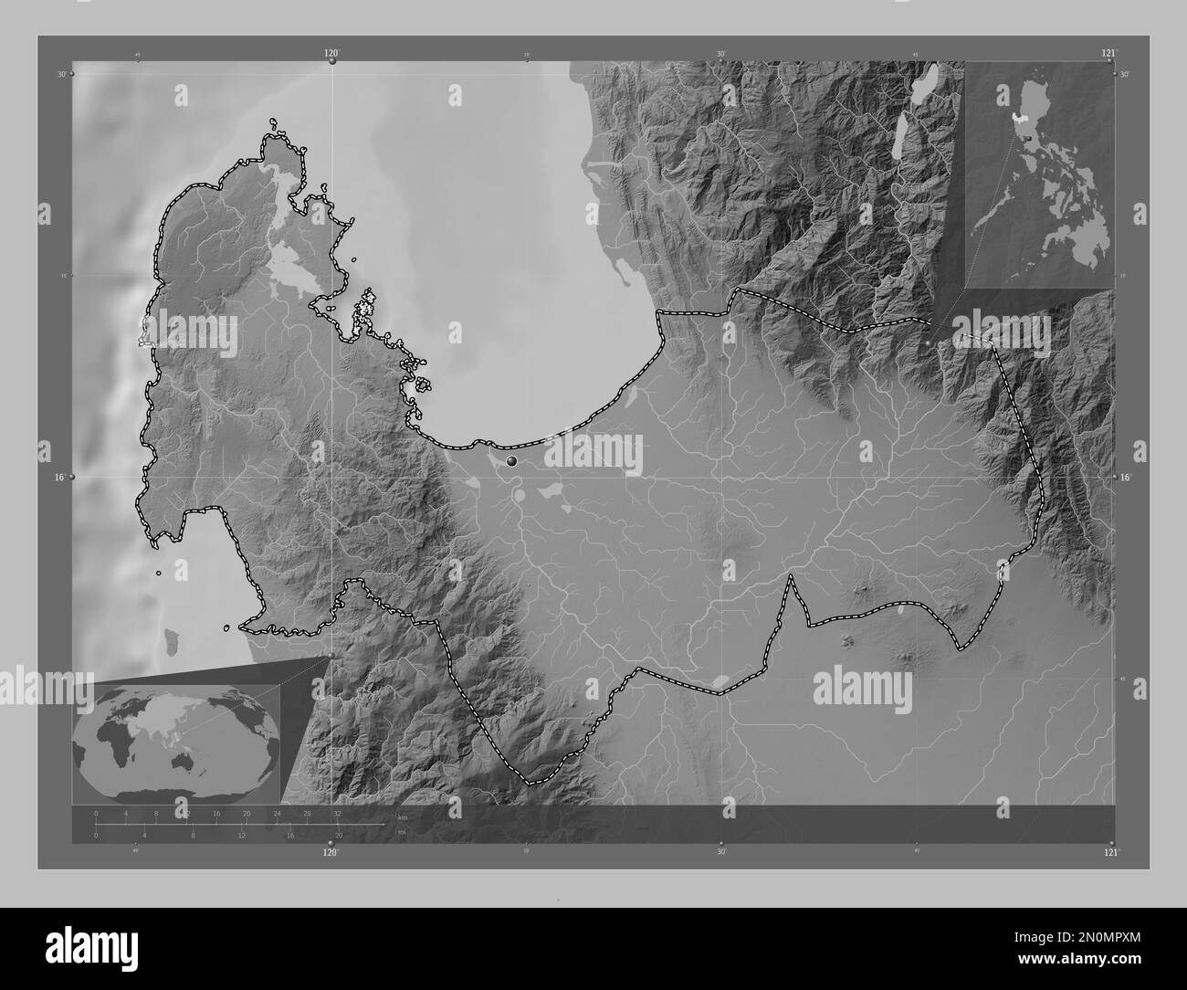 Pangasinan, province of Philippines. Grayscale elevation map with lakes ...