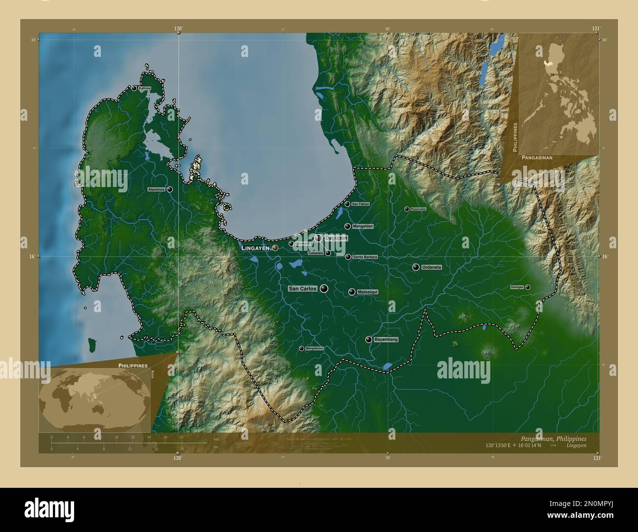 Pangasinan, province of Philippines. Colored elevation map with lakes ...
