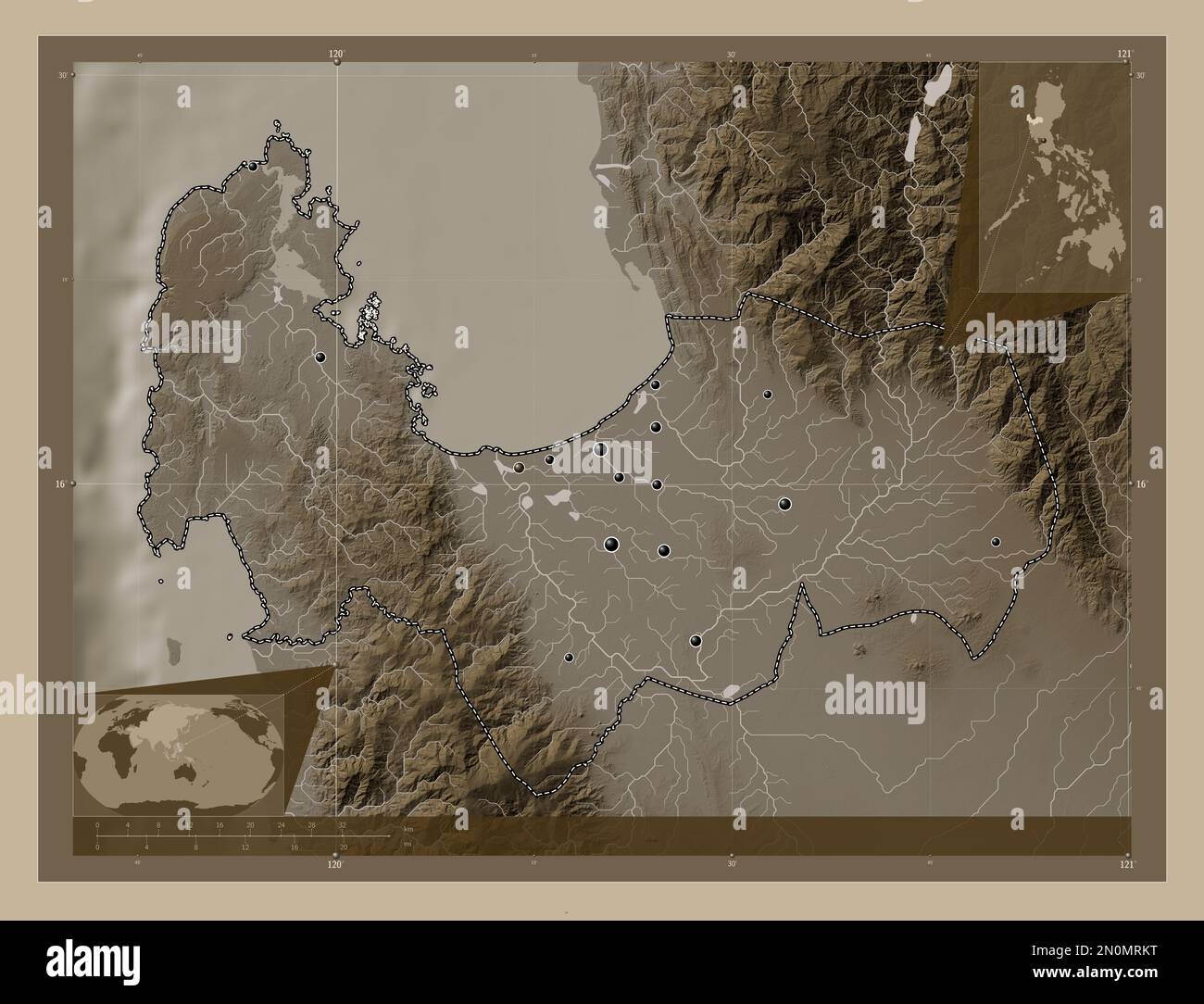 Pangasinan, province of Philippines. Elevation map colored in sepia ...