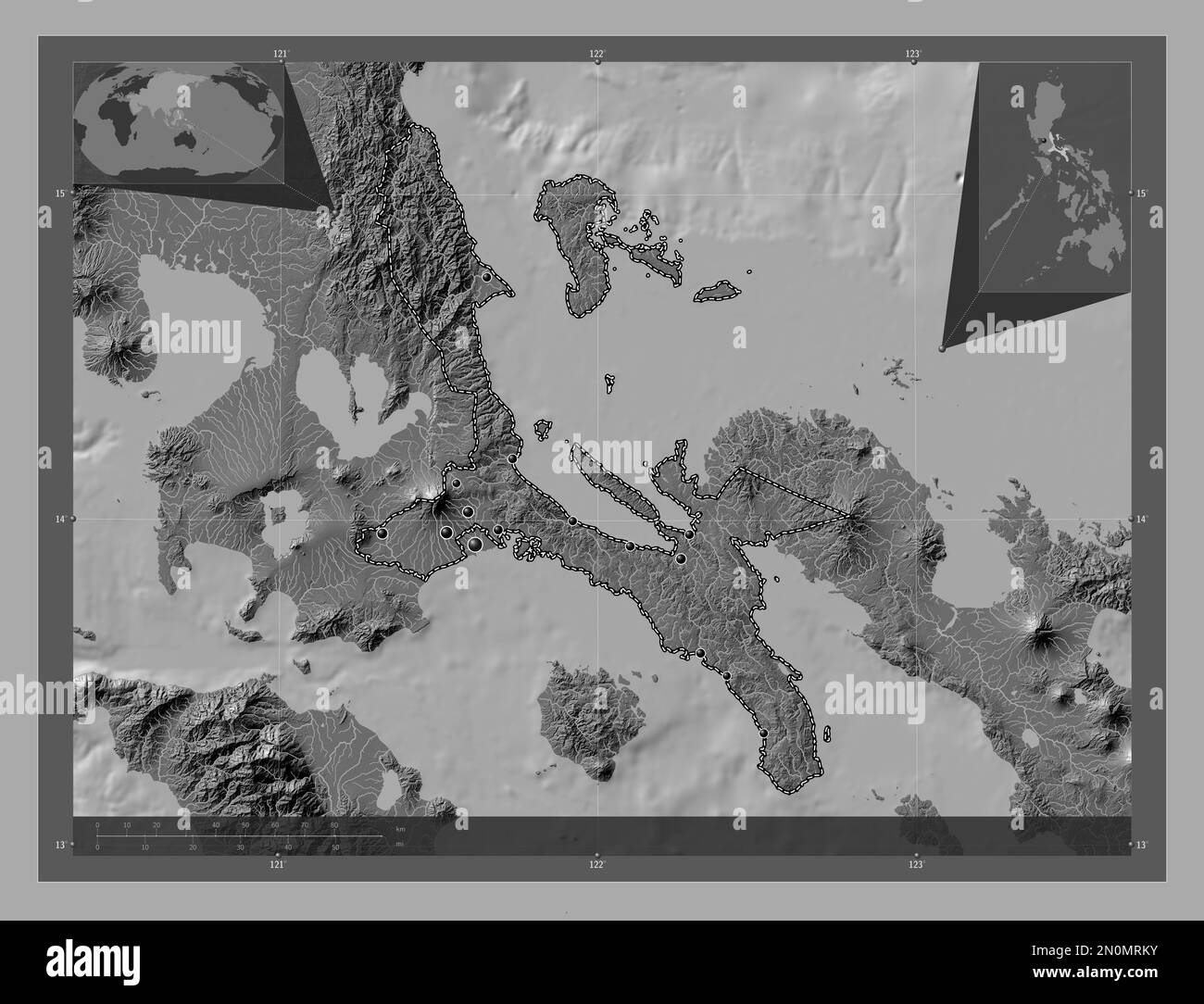 Quezon, province of Philippines. Bilevel elevation map with lakes and ...