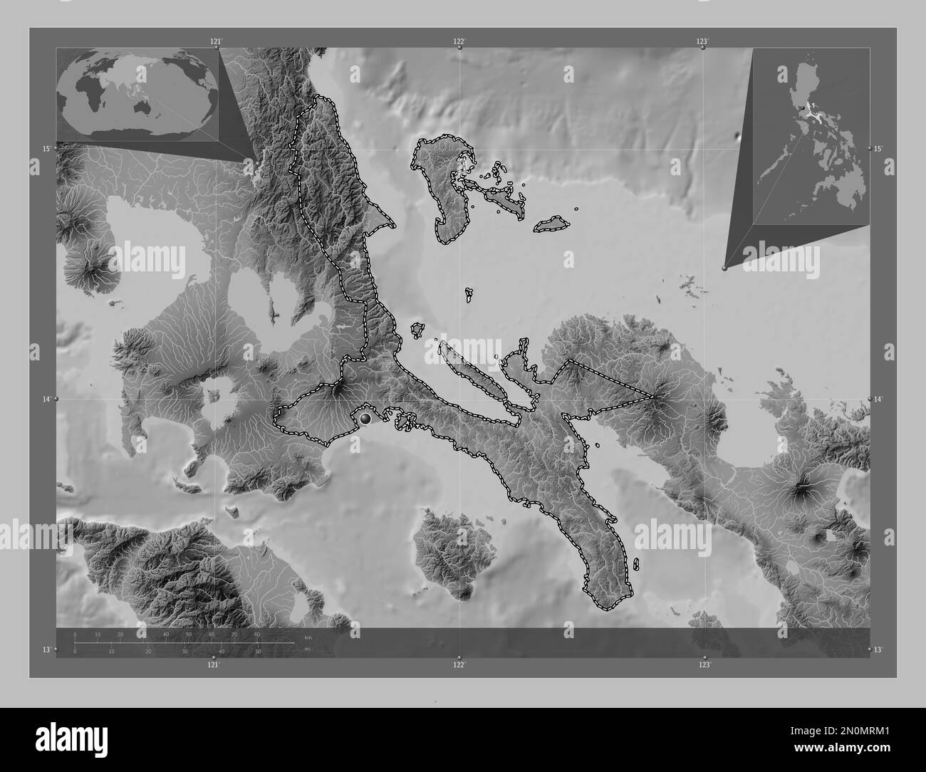Quezon, province of Philippines. Grayscale elevation map with lakes and ...