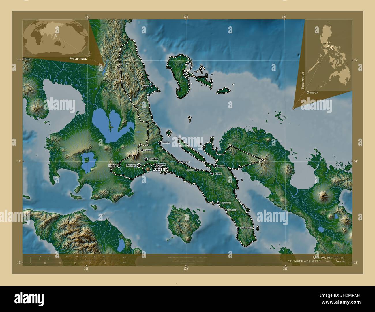 Quezon, province of Philippines. Colored elevation map with lakes and ...