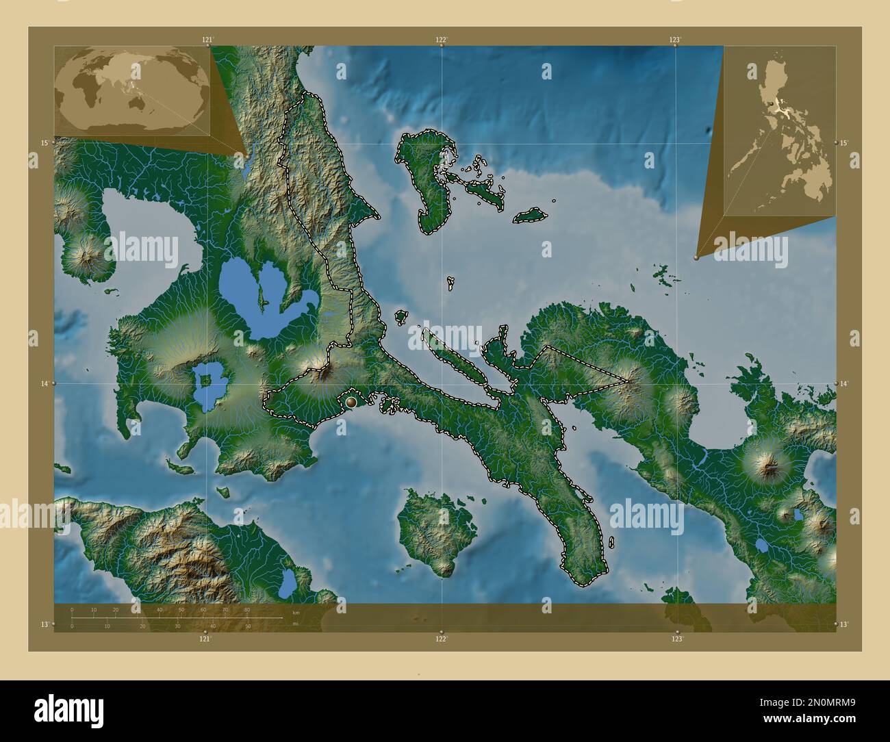 Quezon, province of Philippines. Colored elevation map with lakes and rivers. Corner auxiliary ...