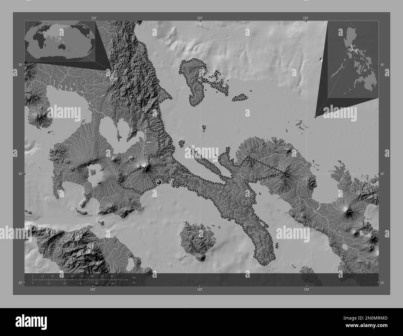 Quezon, province of Philippines. Bilevel elevation map with lakes and ...