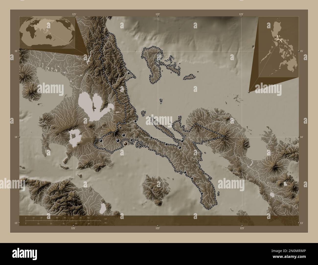 Quezon, province of Philippines. Elevation map colored in sepia tones ...