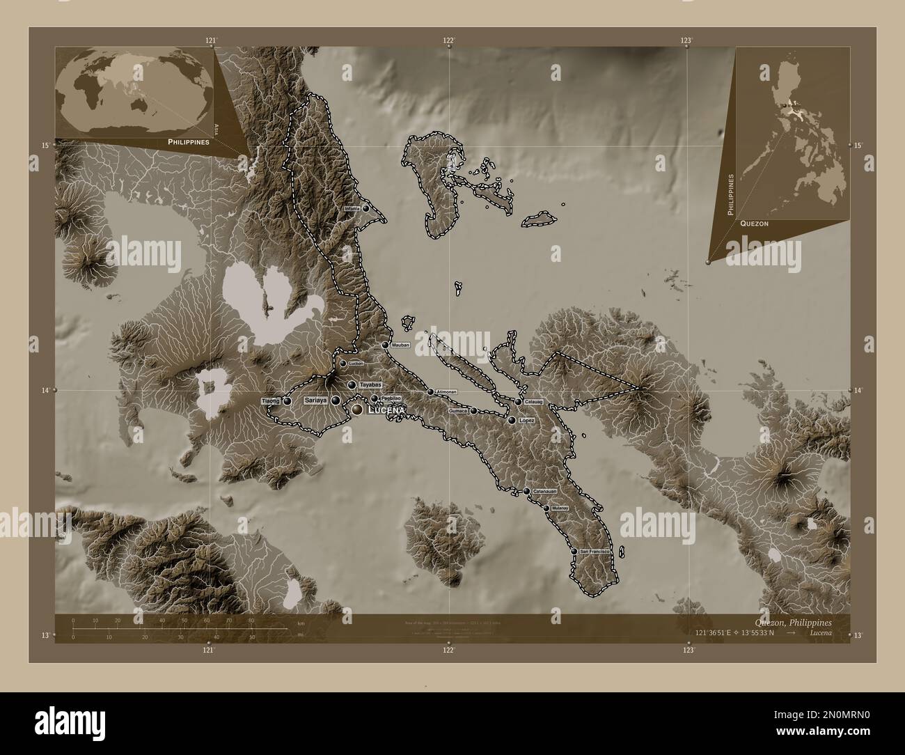 Quezon, province of Philippines. Elevation map colored in sepia tones ...