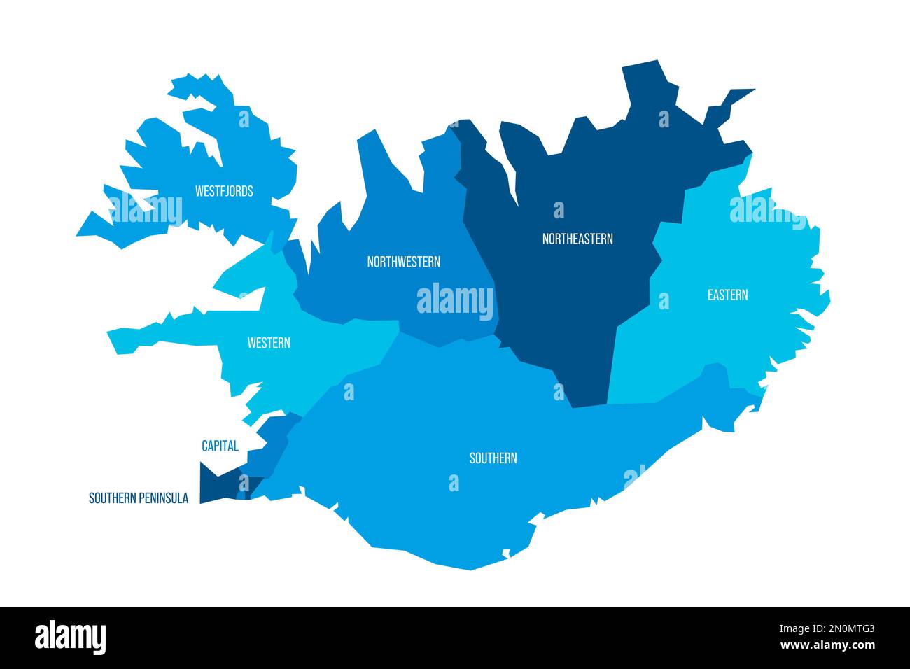 Iceland political map of administrative divisions - regions. Flat blue ...