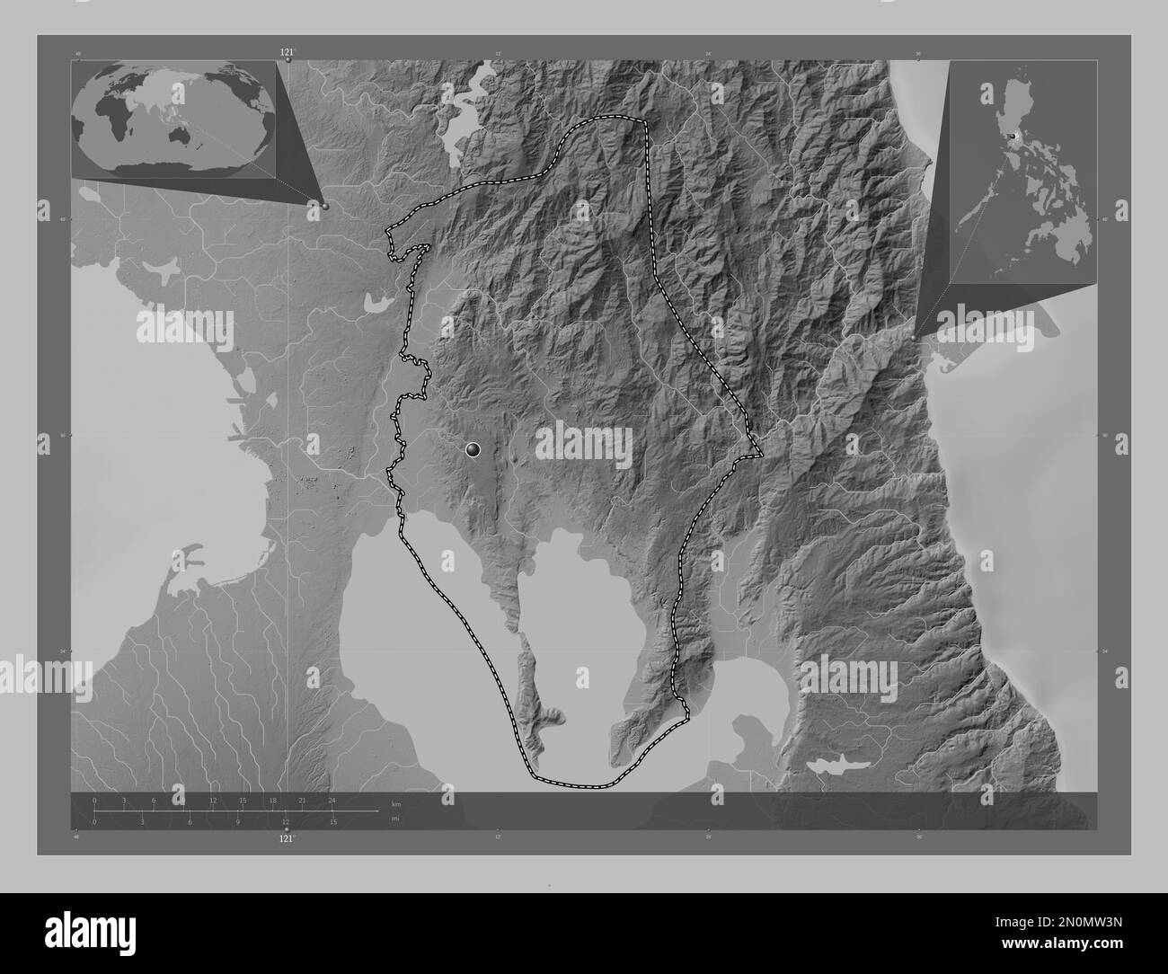 Rizal, province of Philippines. Grayscale elevation map with lakes and ...