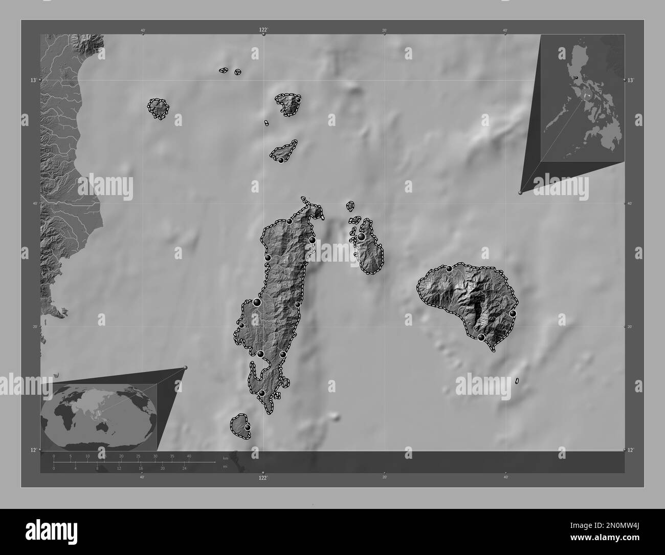 Romblon, province of Philippines. Bilevel elevation map with lakes and ...