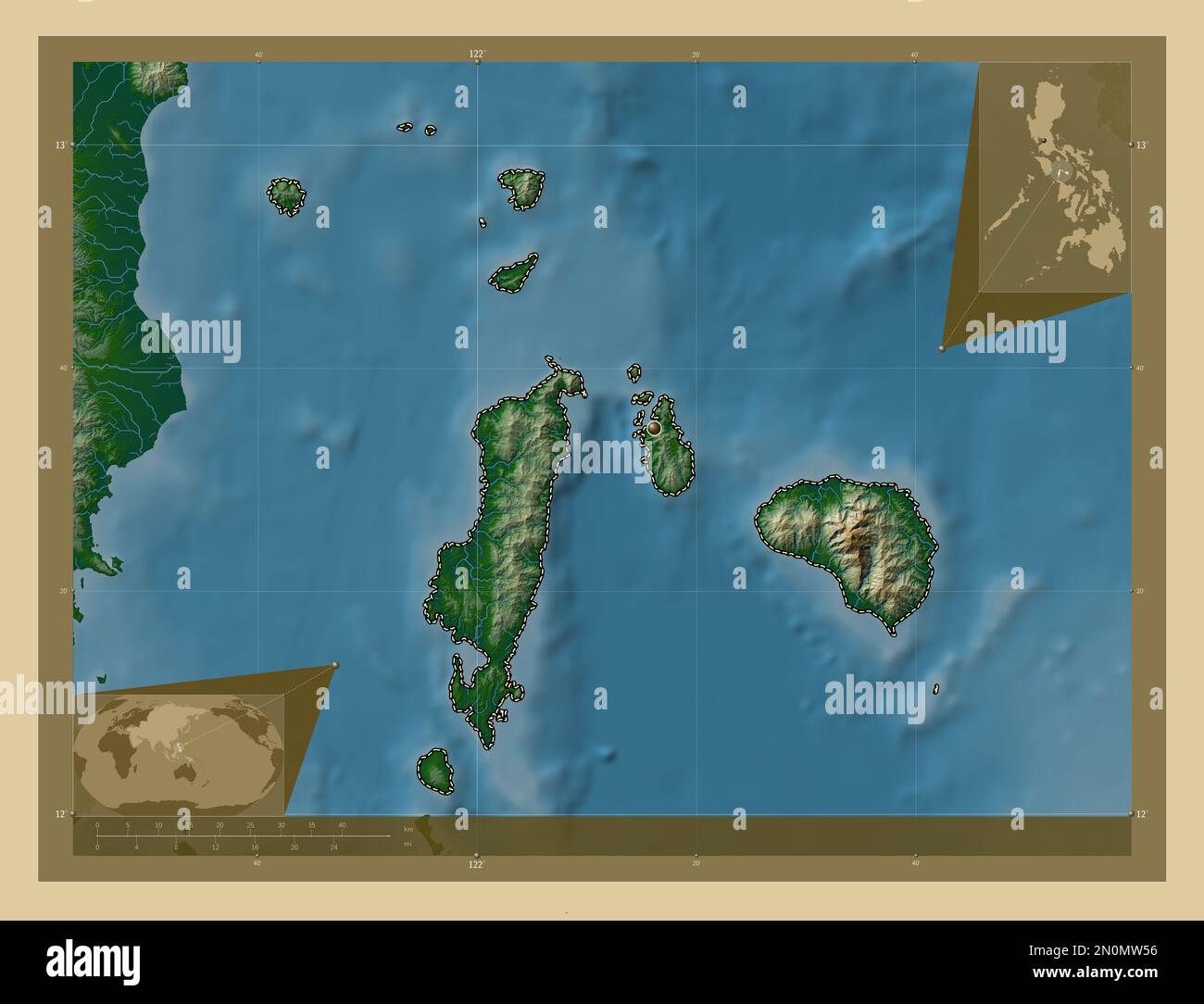 Romblon, province of Philippines. Colored elevation map with lakes and ...