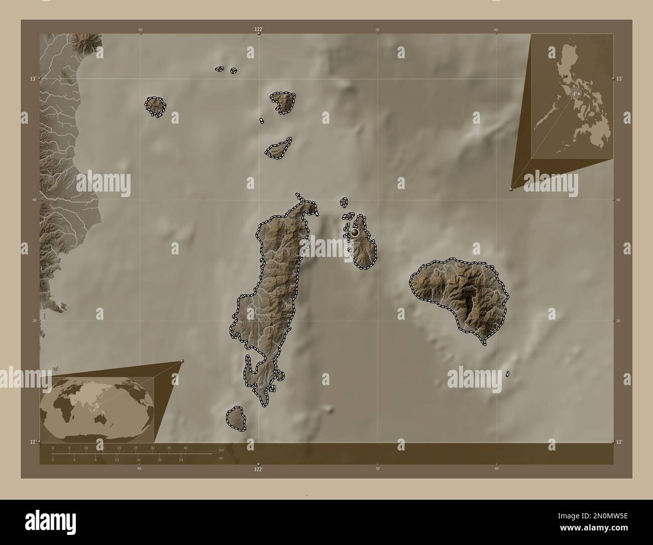 Romblon, province of Philippines. Elevation map colored in sepia tones ...