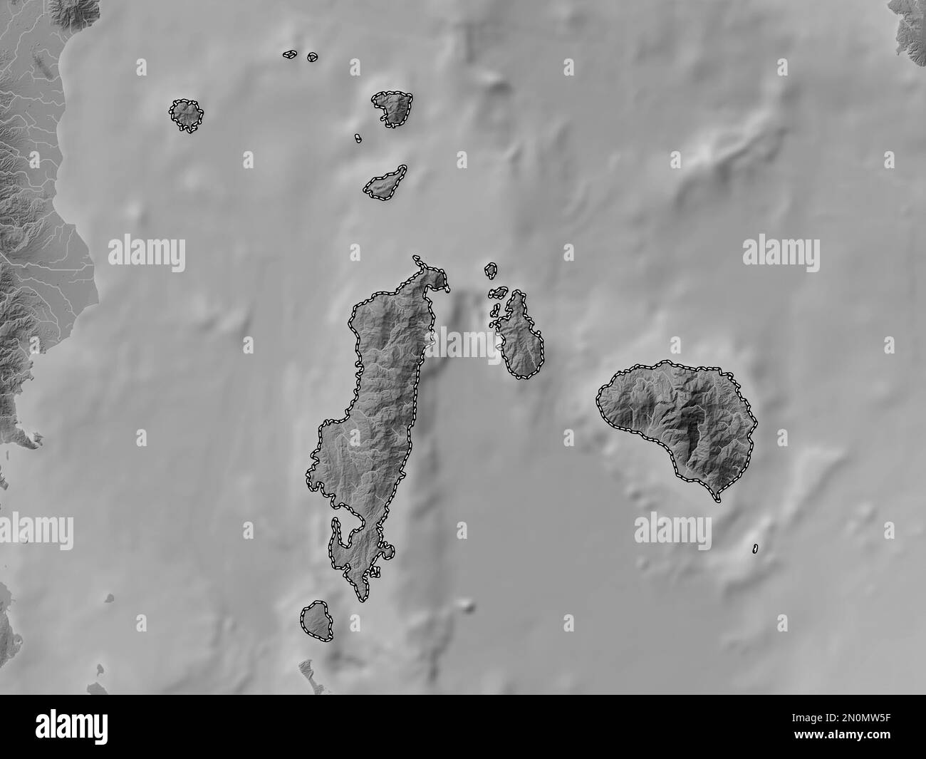 Romblon, province of Philippines. Grayscale elevation map with lakes ...